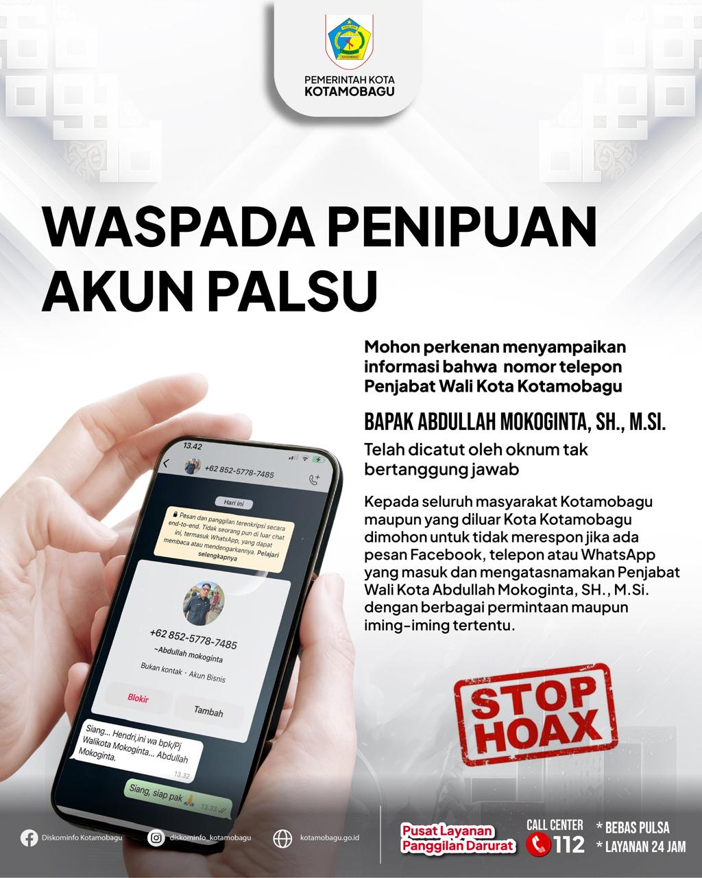 Waspada Penipuan Akun Palsu yang Mengatasnamakan Pj Wali Kota Abdullah ...